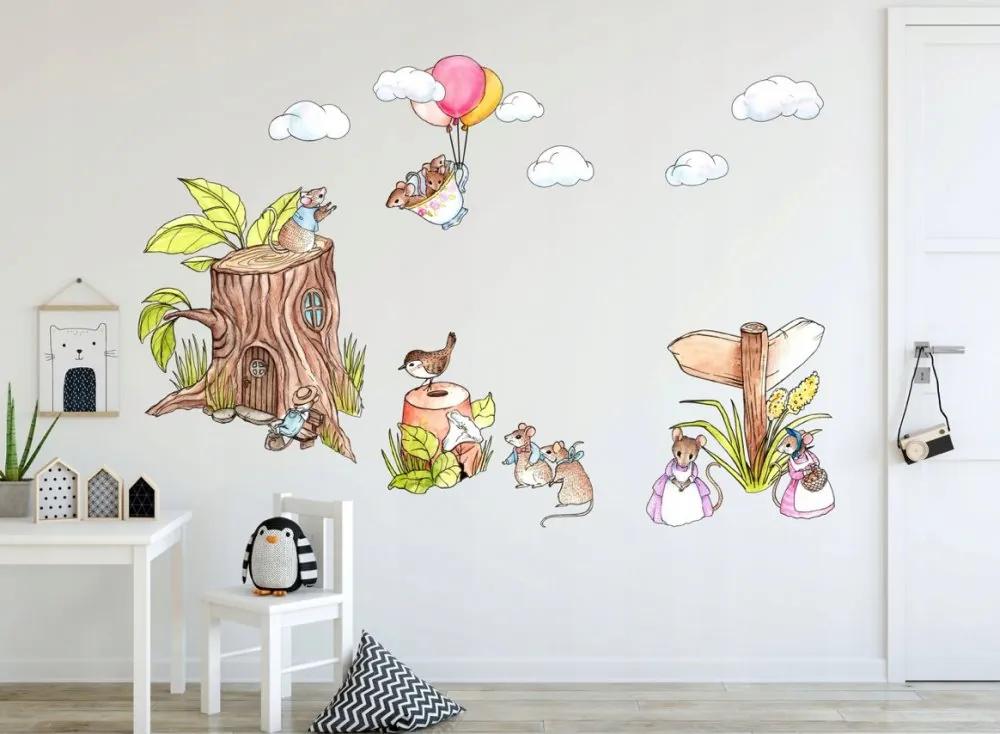 Dětská nálepka na zeď s roztomilým motivem myší rodinka 100 x 200 cm