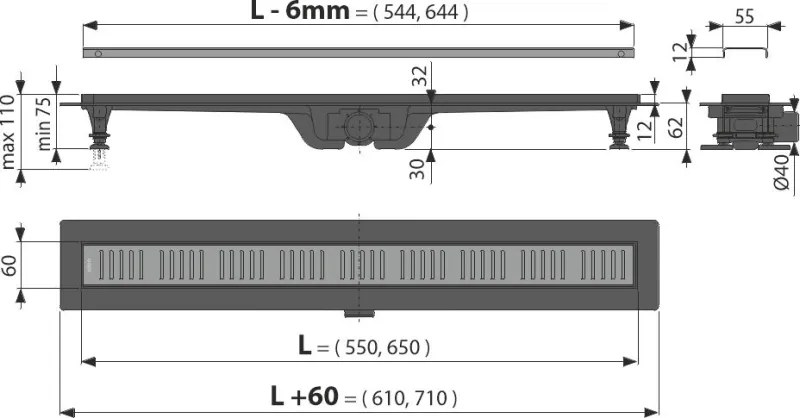 ALCA Podlahový žlab s okrajem pro perforovaný rošt, mosaz APZ10BLACK-550BRASS