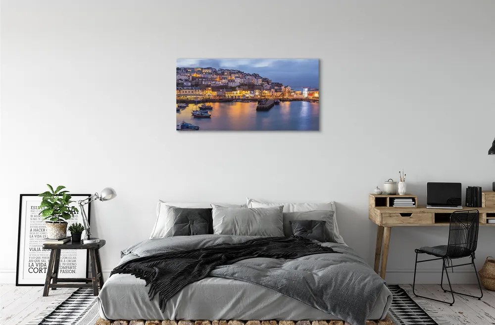 Obrazy na plátně Město noční moře loď 125x50 cm