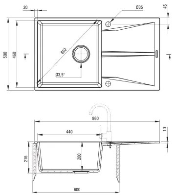 Deante ZRC_S11A - Kuchyňský dřez CORIO 50x86 cm granit/metalicky šedá