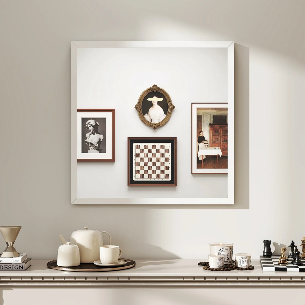 HOMCOM čtvercové nástěnné zrcadlo 50 × 50 cm, bílý MDF rám