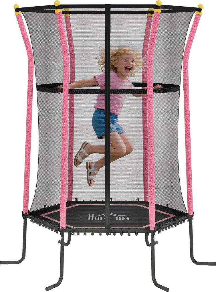 HOMCOM Dětská trampolína Ø163,5 cm, vnitřní trampolína s bezpečnostní sítí a krytem okraje Bungee, dětská trampolína do 50 kg, pro děti 3-10 let Růžov