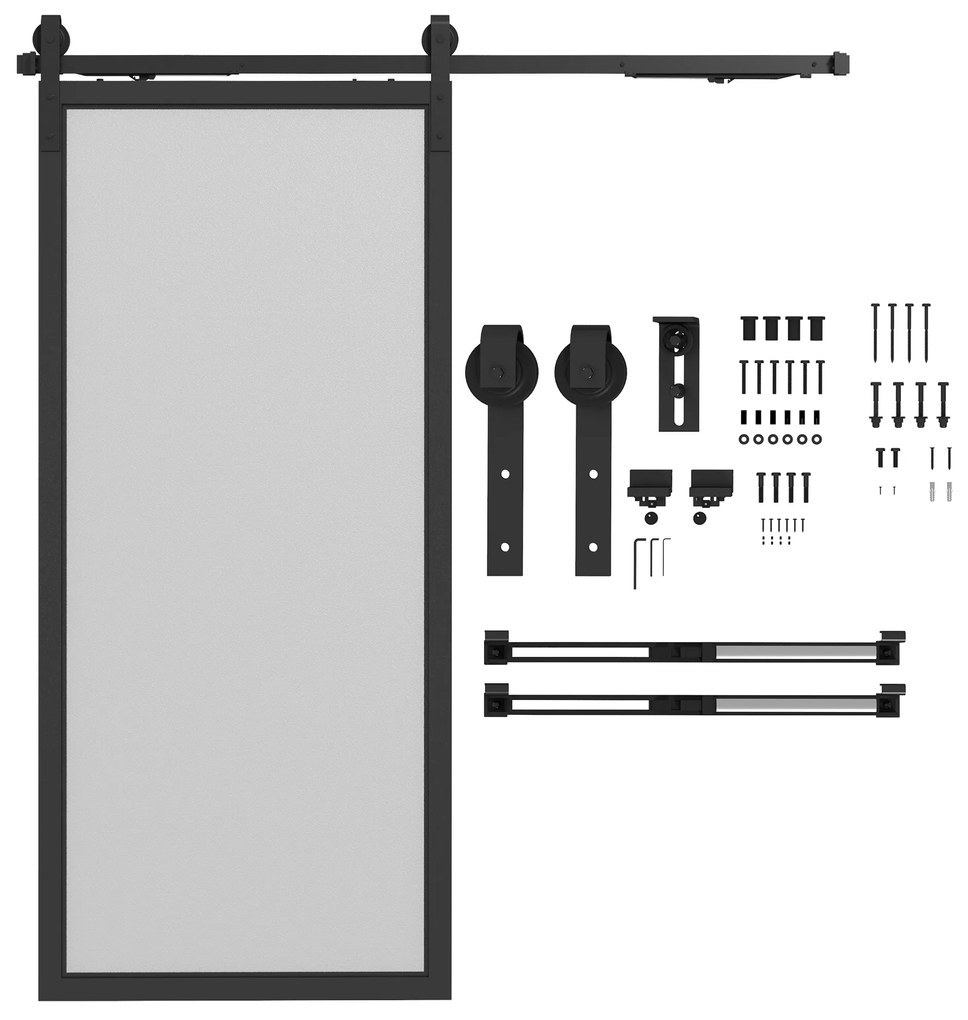 HOMCOM Sada kování pro posuvné dveře 183 cm s kolejnicemi Válečky Protiprokluzové zařízení Zarážky dveří Podlahové vodítko z uhlíkové oceli Černá | A…