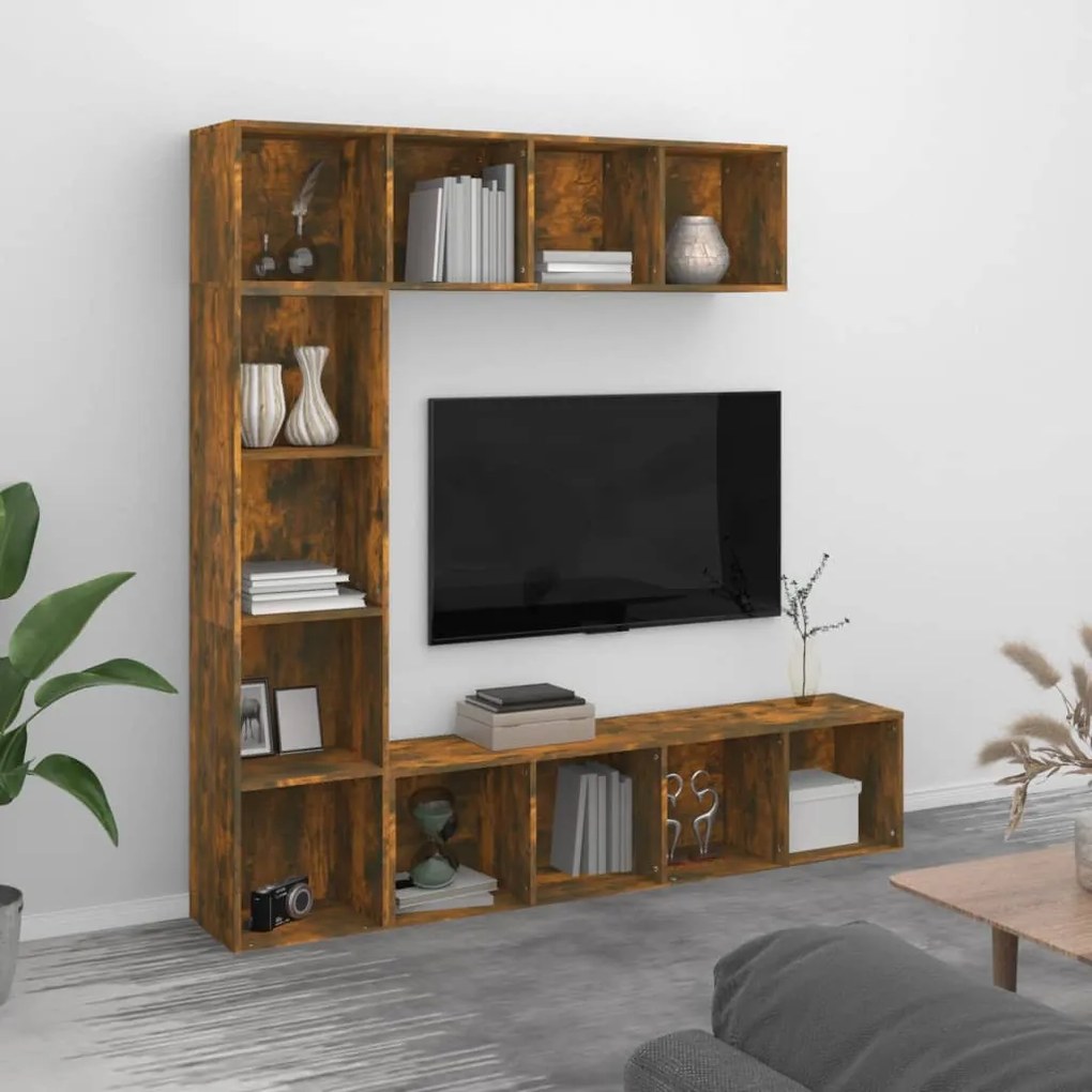 3Dílná Sada Knihoven / Tv Skříněk Kouřový Dub 180 X 30 X 180 Cm Kouřový Dub