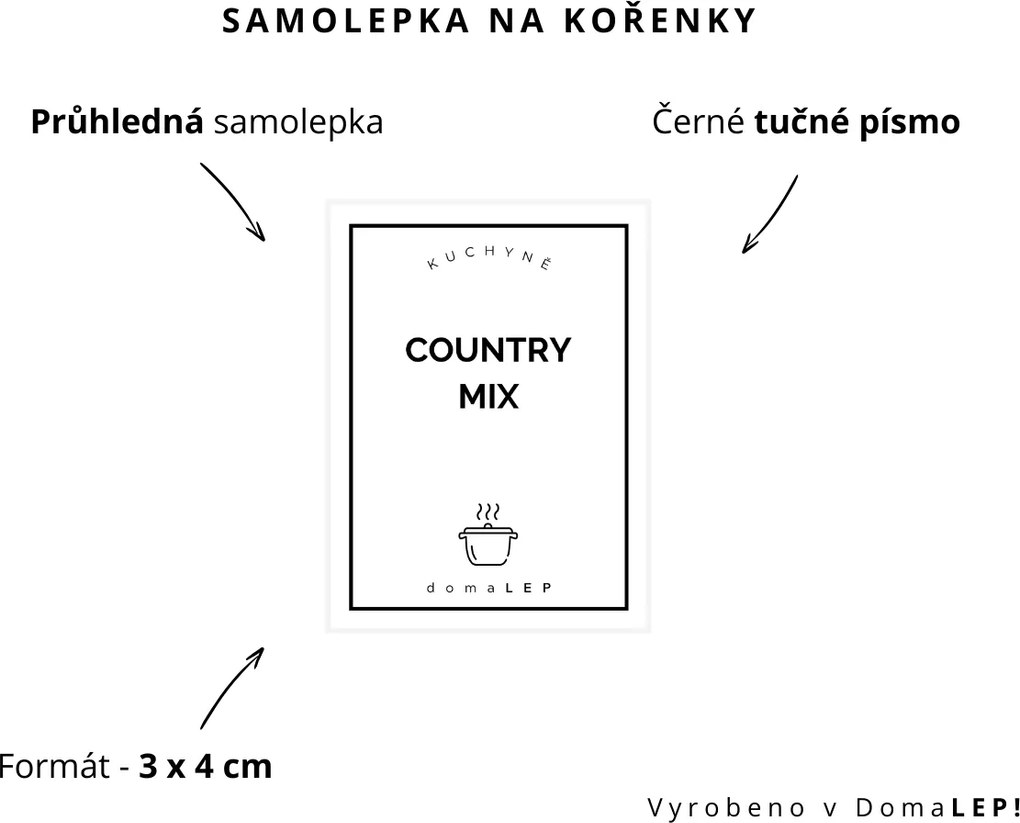 COUNTRY MIX - Samolepka na kořenky 3 x 4 cm - DomaLEP varianta: PRŮHLEDNÁ - tučné písmo