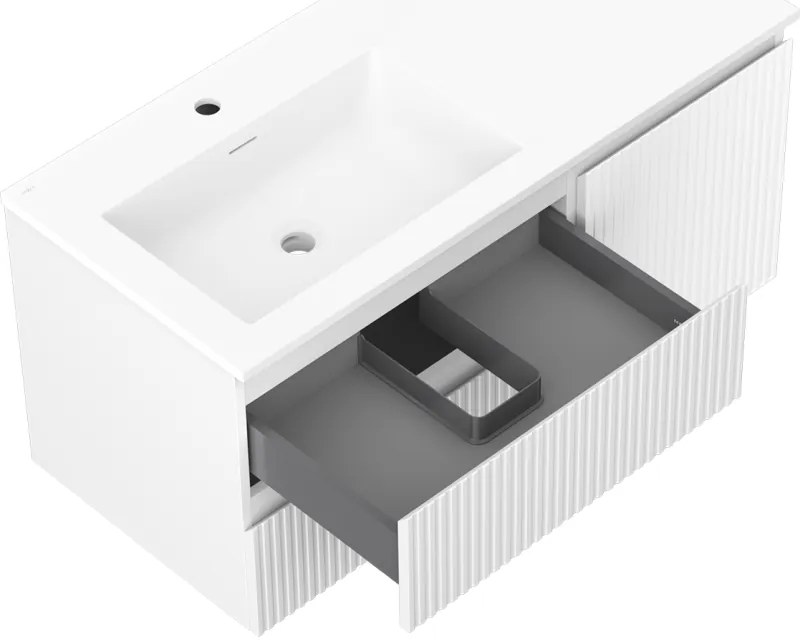 Mexen Rivel, koupelnová skříňka 100 cm s levým umyvadlem Otis, 2S, 1D, drážkovaná, bílá matná, 91A23-10047-3-BBFFF01-W18L01