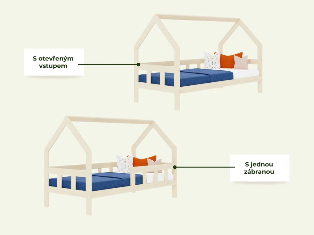 Benlemi Dětská postel domeček FENCE 2v1 ze dřeva se zábranou Zvolte barvu: Nelakovaná, Zvolte rozměr: 90x160 cm, Zvolte zábranu: S otevřeným vstupem