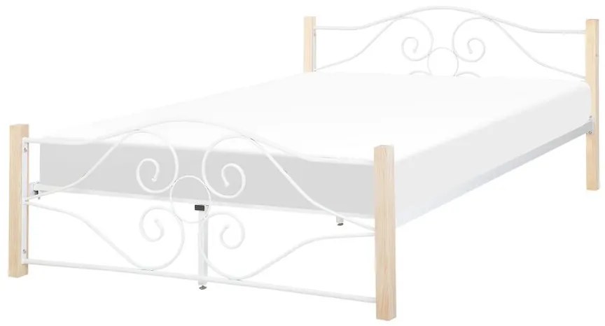 Kovová postel 160 x 200 cm bílá, světle hnědé nohy FLORANGE