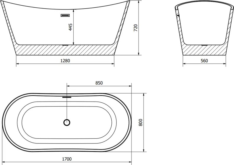 Mexen Montana, volně stojící vana 170 x 80 cm, bílá, chromový přepad, 52011708000-01