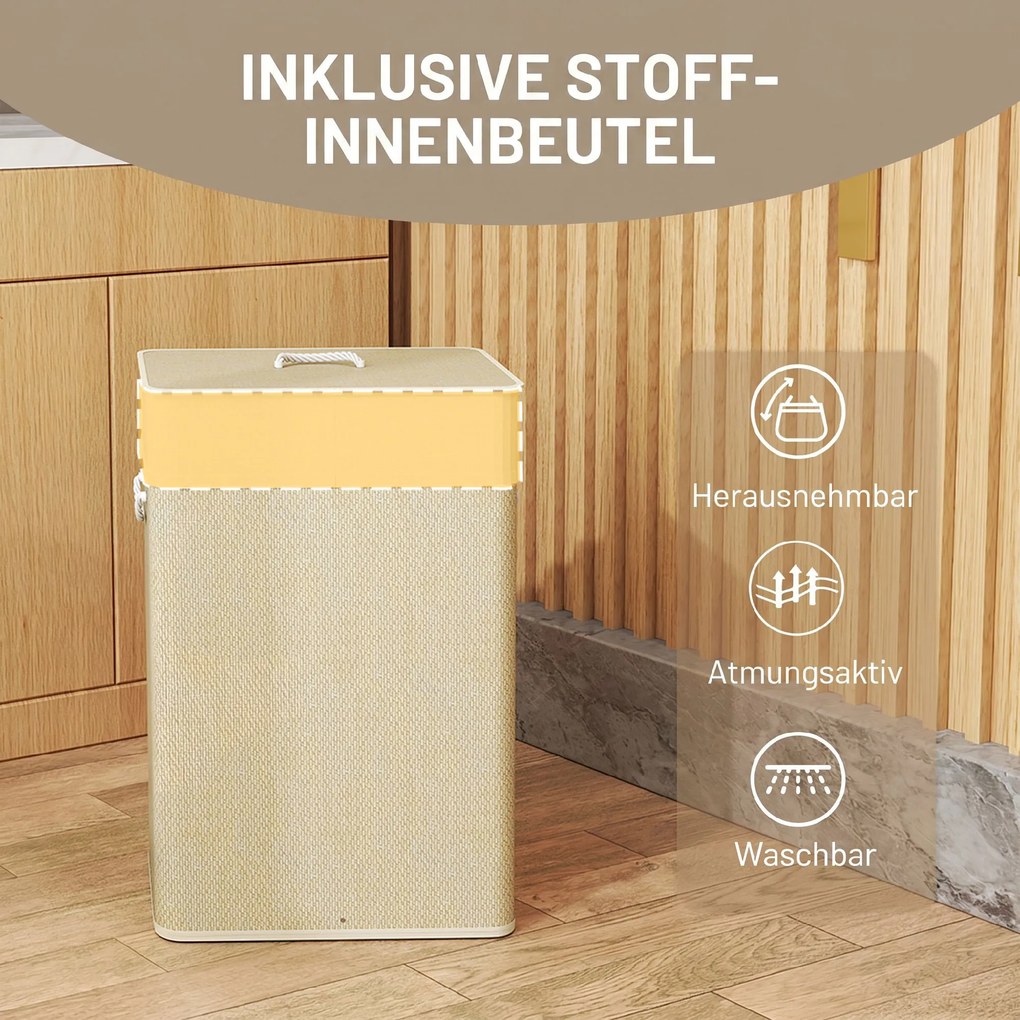 HOMCOM Koš na prádlo s víkem 72L, bambusový koš na prádlo s odnímatelnou vnitřní taškou a úchyty do prádelny, ložnice 40x30x60 cm Přírodní