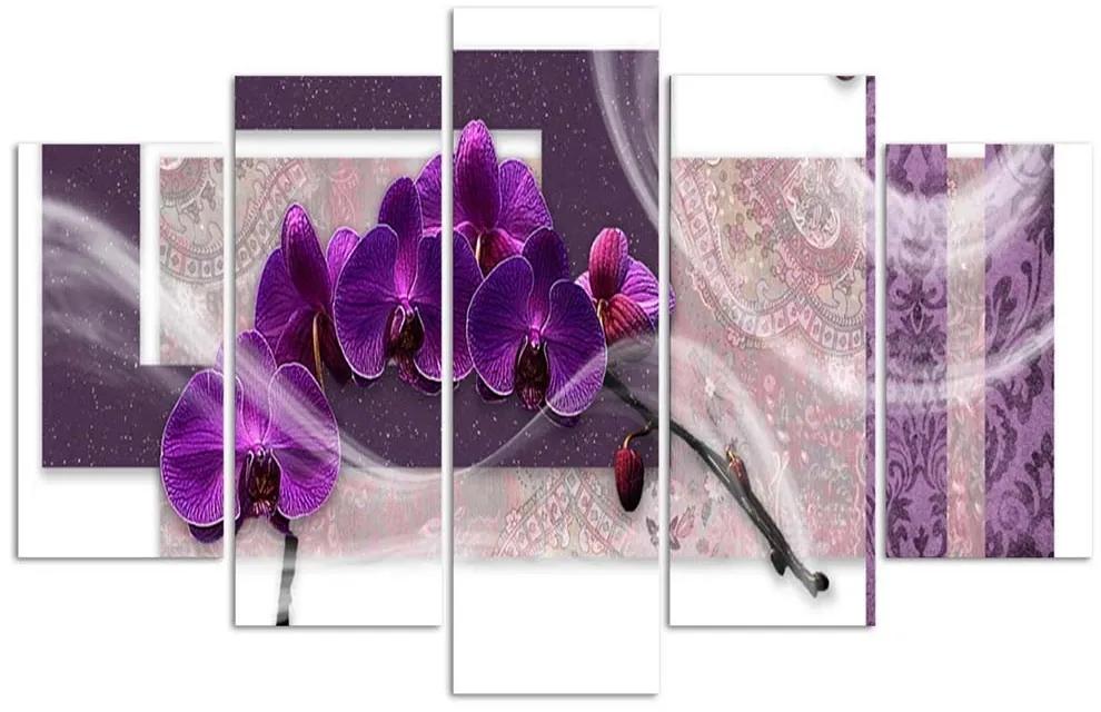 Obraz na plátně pětidílný Fialová orchidej Abstrakt - 200x100 cm