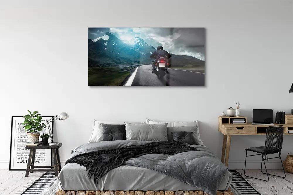 akrylový obraz Motocyklu horské silnici muž nebe 140x70 cm