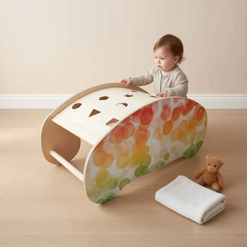 Multifunkční Montessori houpačka a stolek 4v1 - duhové bublinky
