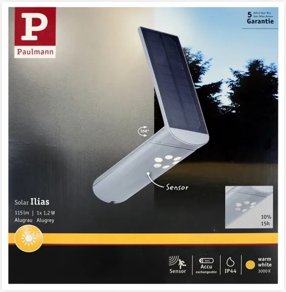 Paulmann 94261 - LED/1,2W IP44 Solární nástěnné svítidlo se senzorem ILIAS 3,7V