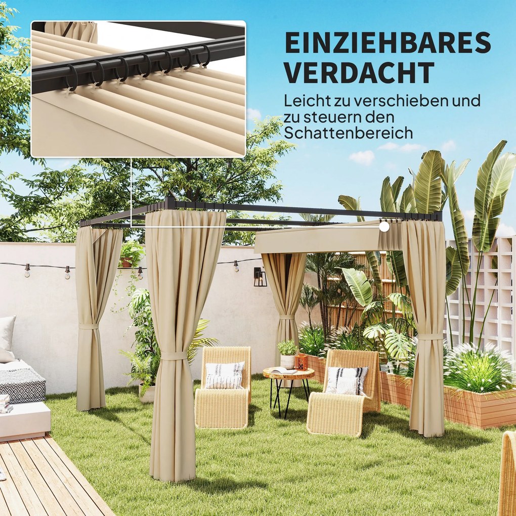 Outsunny pergola 3 x 3 m, volně stojící zastřešení terasy s posuvnou střechou, 4 boční stěny, odolné proti UV, béžové