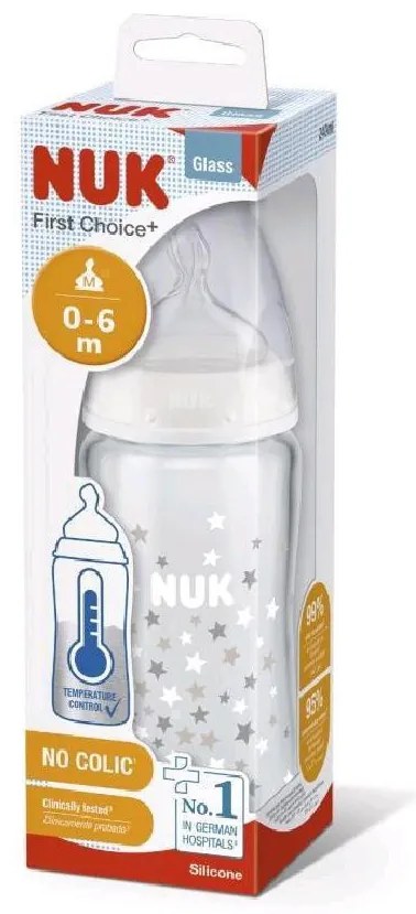 NUK Skleněná kojenecká láhev FC s kontrolou teploty 240 ml Bílá