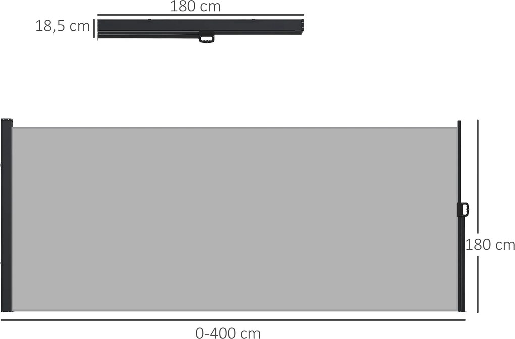 Retrakční boční markýza do zahrady Outsunny 4x1,8m, z hliníku a polyesteru, protisluneční, vysoká hustota 180gsm, světle šedá
