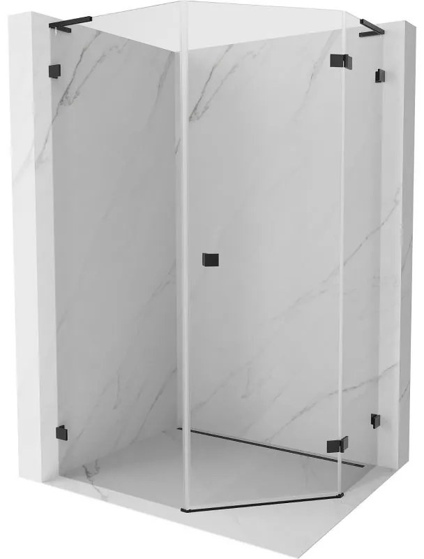 Mexen Lunar, L pravý výklopný pětiúhelníkový sprchový kout 80 x 90 cm, 8mm čiré sklo, černý profil, 831L-080P-090L-70-00-P