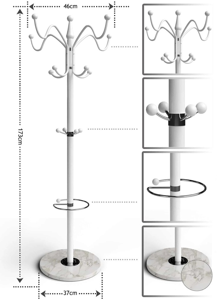 Stojanový věšák TENZY s mramorovým podstavcem, 37x173cm, bílá Casaria