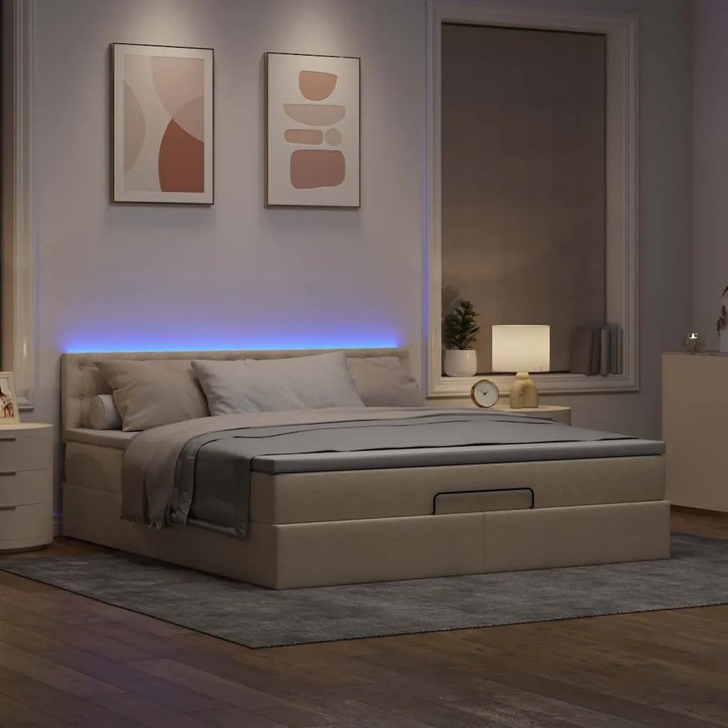 Osmanská postel s matrací & LEDs krémová 180x200cm látka 3312497