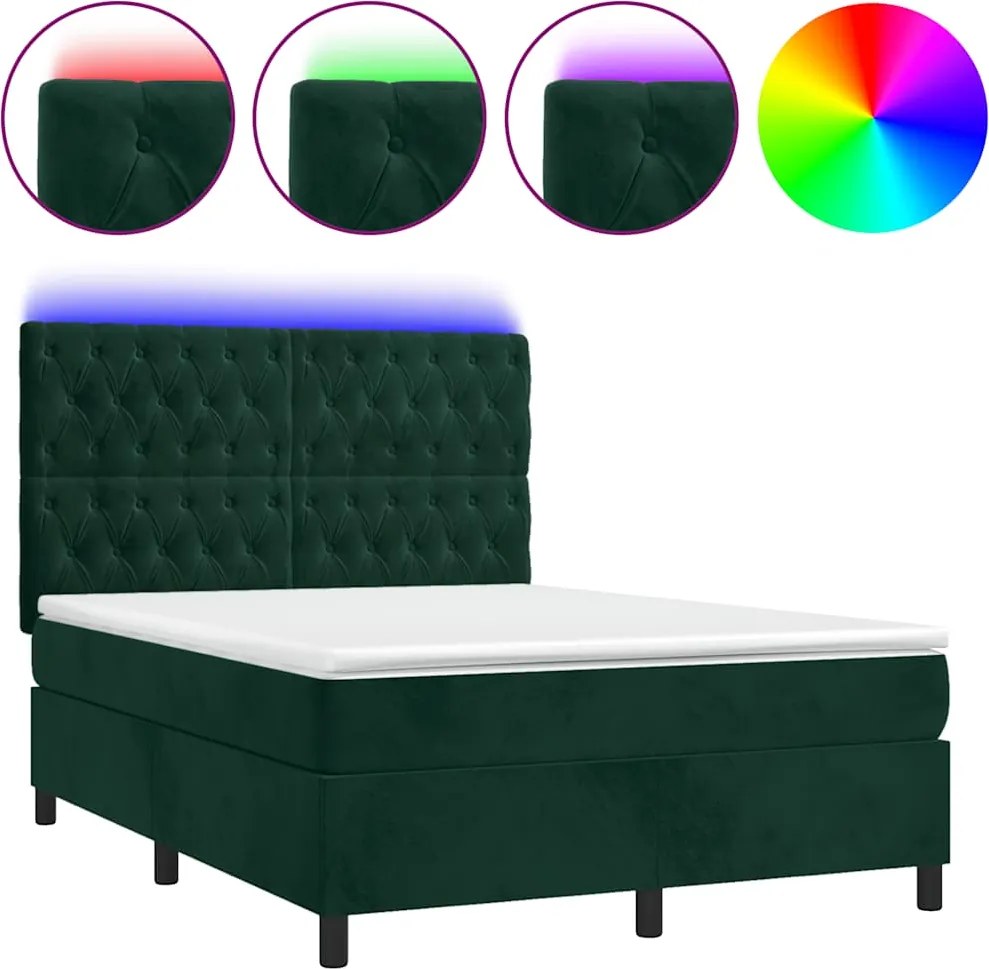 Box spring postel s matrací a LED tmavě zelená 140x200 cm samet 3136308