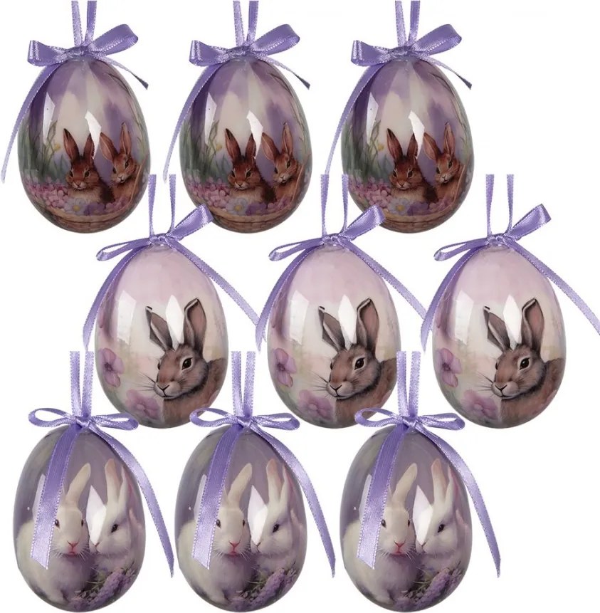 9ks dekorace fialové závěsné vajíčko s králíčky Spring Egg - Ø 5*8 cm