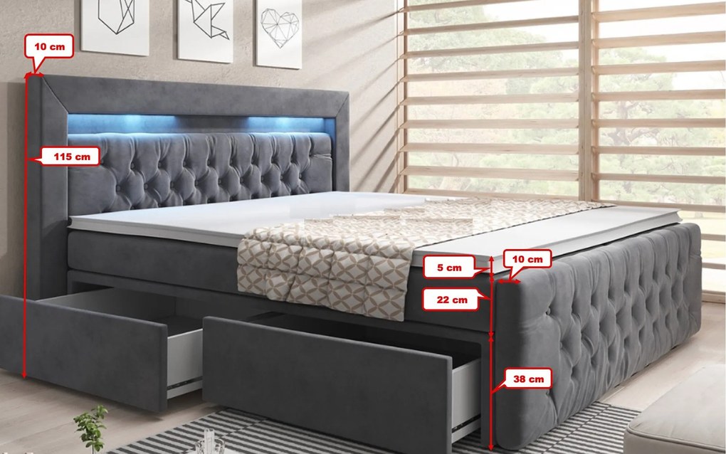 K&M postele Boxspring postel SERA s úložným prostorem (4 šuplíky) a LED Velikost postele: 160 × 200 cm, Výběr matrace: Oboustranná pružinová matrace …