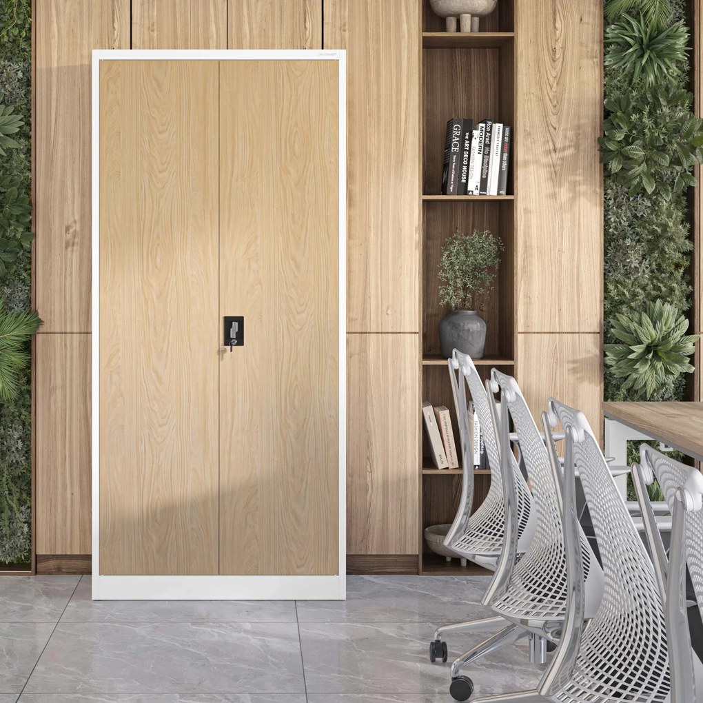 Vysoká kovová kancelářská skříň na dokumenty, bílá/dub sonoma, 900x1950x400 mm: JAN H Eco Design
