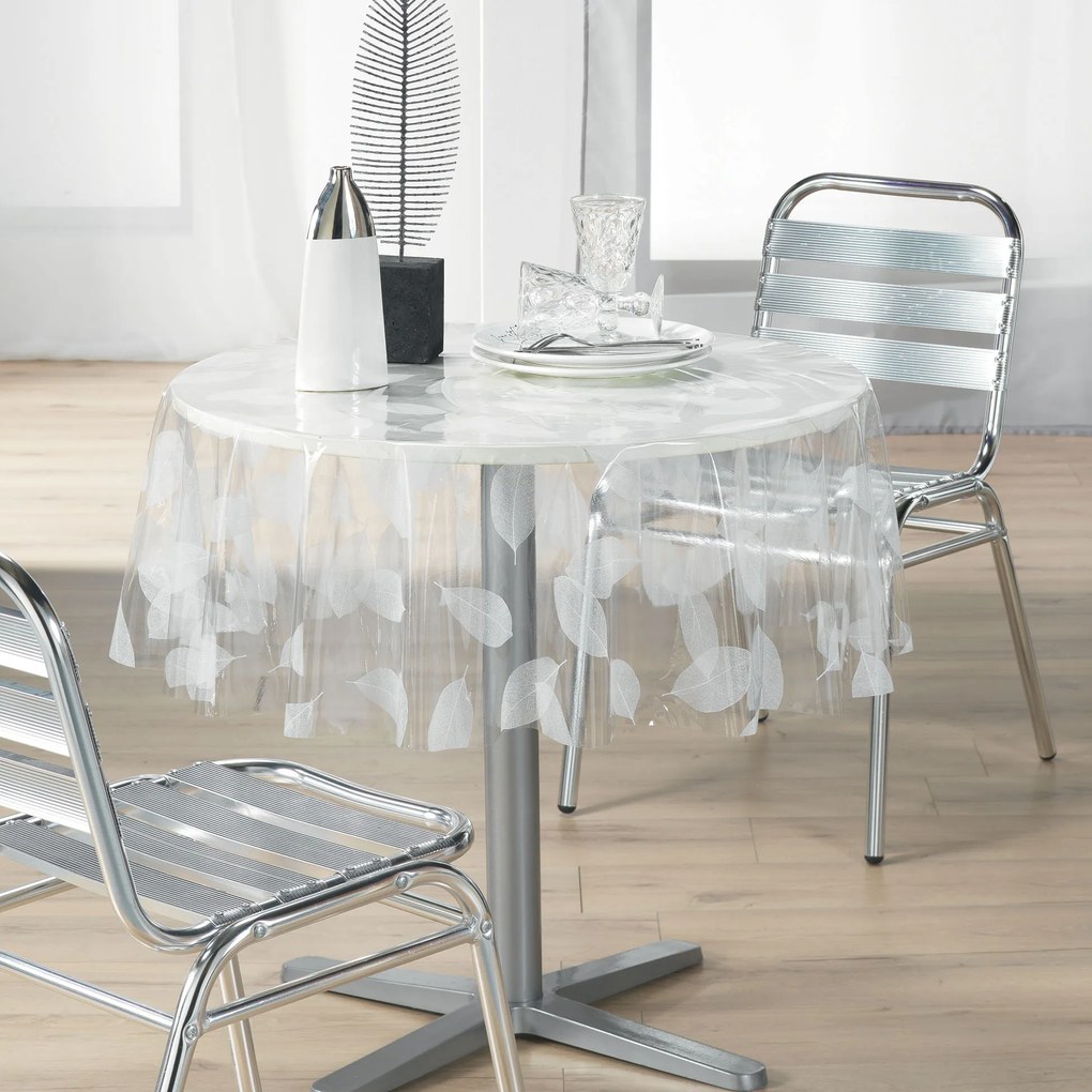 Kulatý průhledný ubrus FEUILLE WHITE, Ø 140 cm, motiv listů