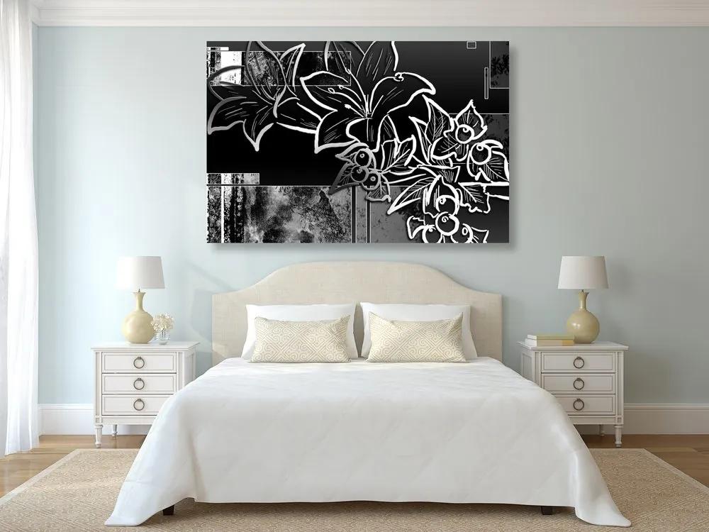 Obraz květinová ilustrace v černobílém provedení - 90x60 cm