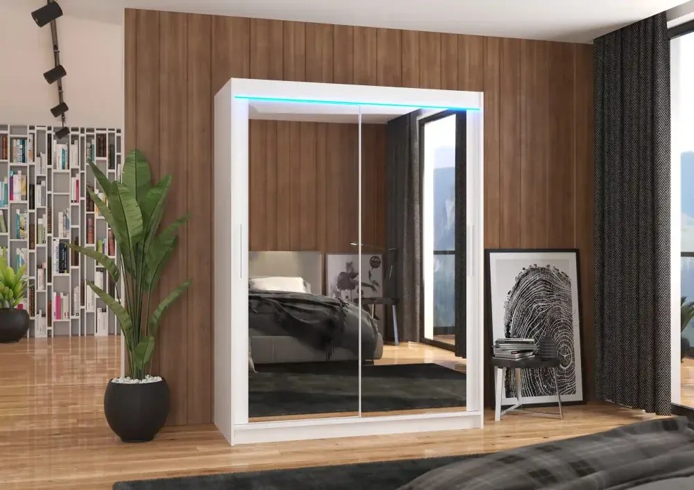 Posuvná skříň se zrcadlem a LED osvětlením PERMO 150 bílá