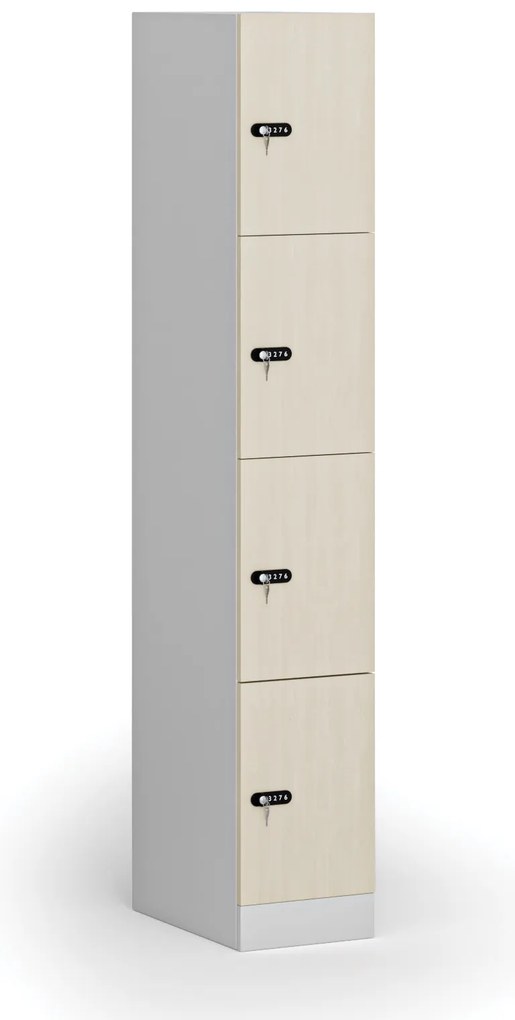 Šatní skříňka S1 s úložnými boxy, 4 boxy, 1850 x 300 x 500 mm, mechanický kódový zámek, laminované dveře, bříza
