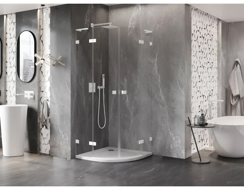 Mexen Lunar, L půlkruhový výklopný sprchový kout 90 x 90 cm, 8mm čiré sklo, bílý profil, 833L-090L-090P-20-00