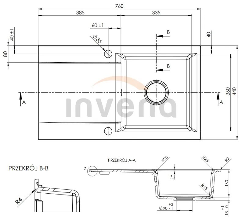 Invena Tesalia, 1-komorový granitový dřez s odkapávačem 760x440x160 mm a kuchyňskou baterií Glamour s flexibilním ramenem + zlatý automatický sifon, INV-AZ-01-Z43-SET