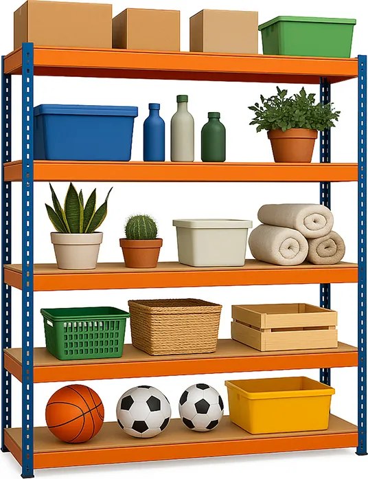 Regál 200x90x50 cm lakovaný 5-policový, nosnost 100 kg - modro-oranžový