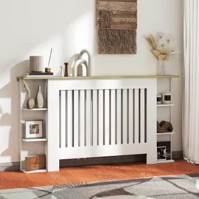 HOMCOM kryt radiátoru s policemi, kryt radiátoru z MDF, moderní lamelový design pro obývací pokoj a ložnici, 152 x 19 x 83 cm, bílá