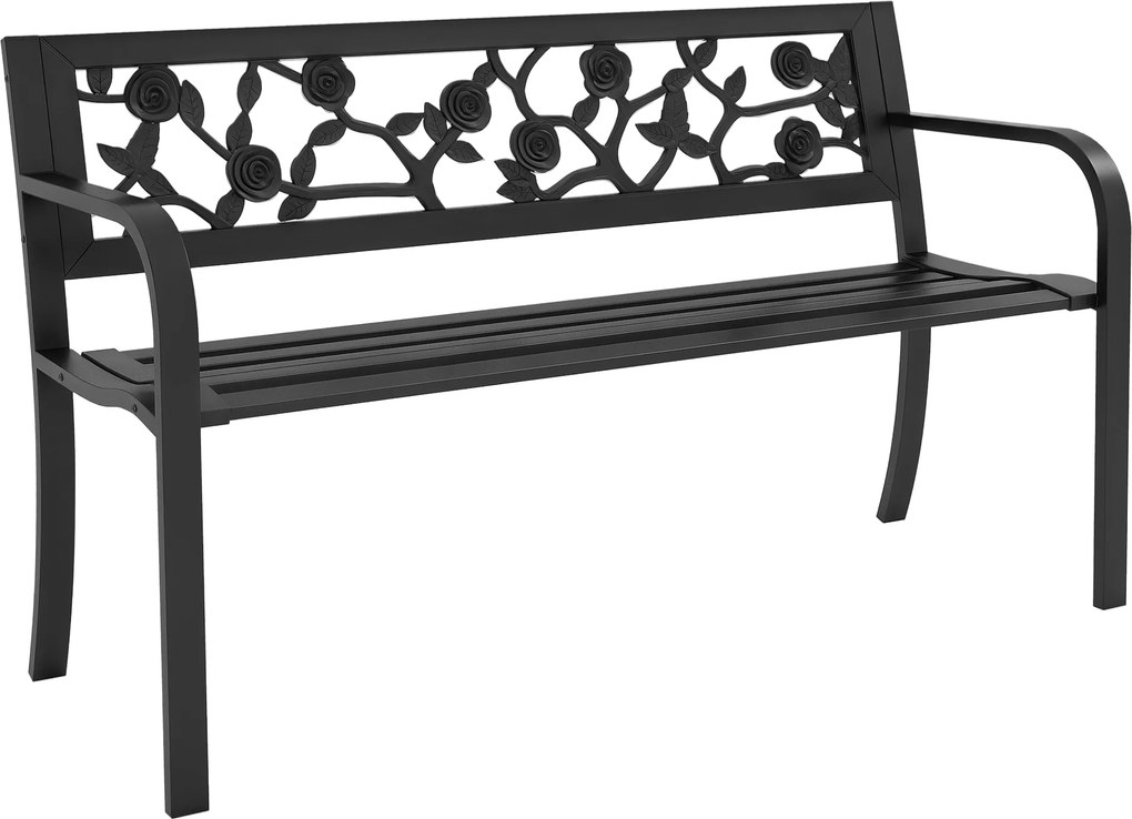 Zahradní lavice Outsunny z oceli, dvoumístná venkovní lavice s dekorativním opěradlem a loketními opěrkami, 127x50x75 cm, černá | Aosom