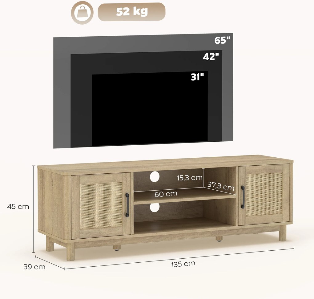 HOMCOM TV nábytek 135 cm, TV nábytek pro televize až do 165,1 cm s 2 ratanovými dveřmi, 2 otevřenými přihrádkami, dub