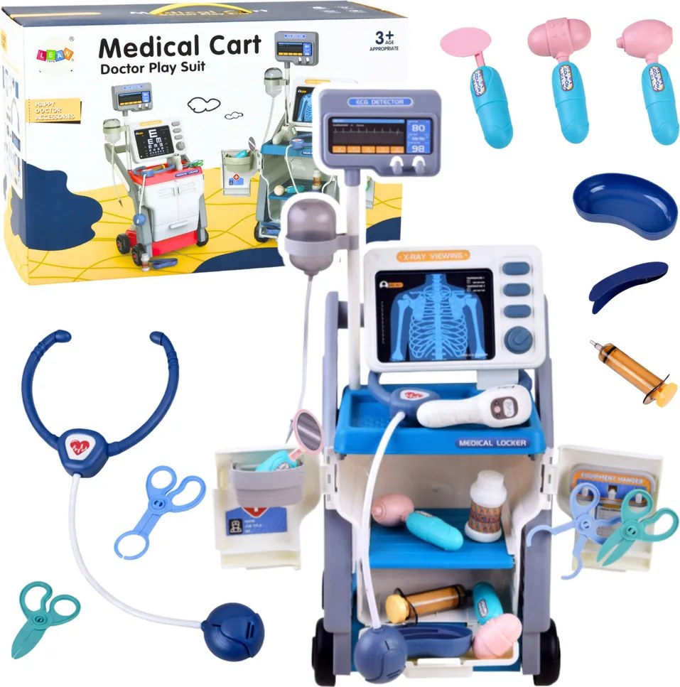 LEAN Toys Sada malého lékaře s vozíkem RTG a EKG, světlá, modrá, 16 ks