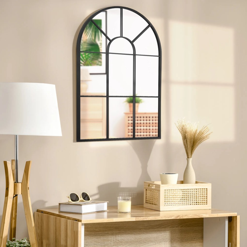 HOMCOM Obloukové okenní nástěnné zrcadlo 91x60cm s kovovým rámem ze skla do obývacího pokoje ložnice jídelny předsíně v černé barvě