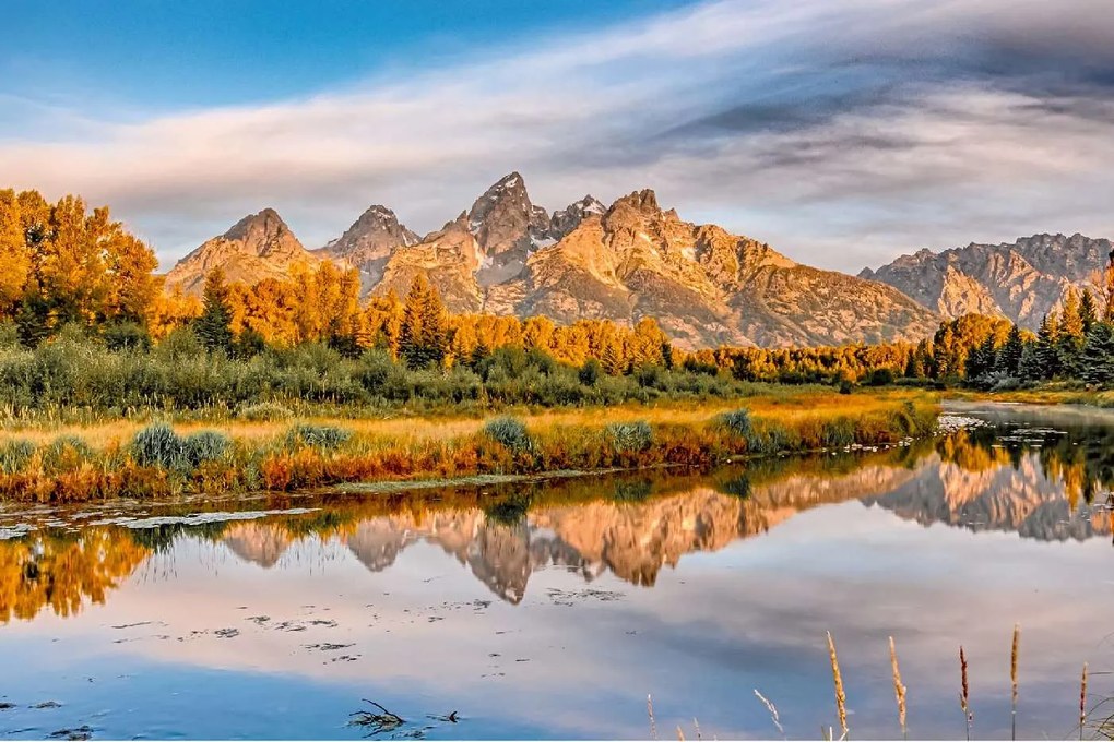 DIMEX | Samolepicí vliesová fototapeta na zeď Národní park Grand Teton MA-5-3038 | 375 x 250 cm | zelená, modrá, bílá, žlutá