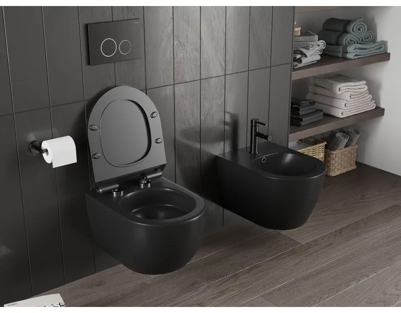 Mexen Carmen, závěsná WC mísa 490x365x340 mm, Rimless Tornádo + WC sedátko z duroplastu, černá matná, 30880185T