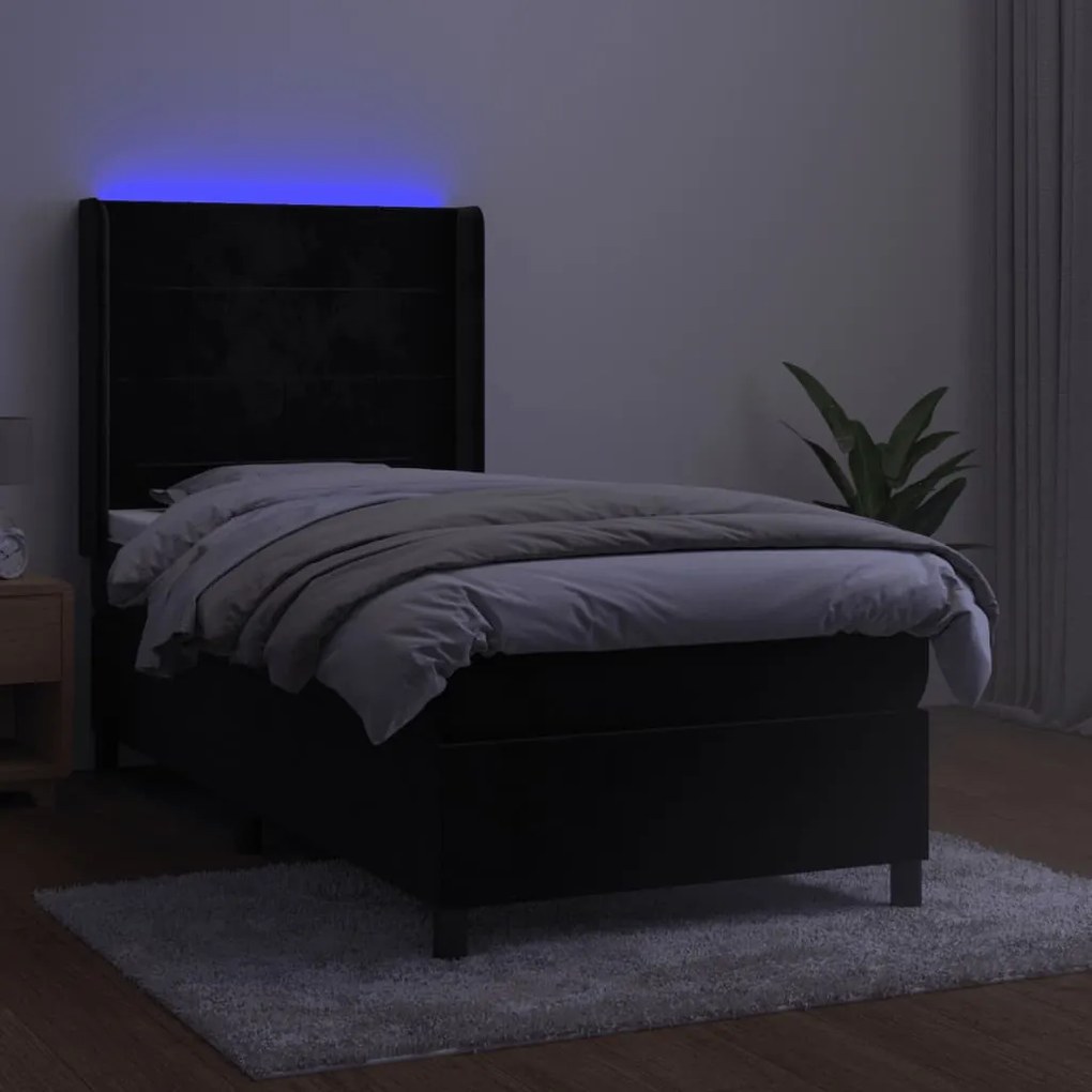 Box spring postel s matrací a LED černá 90x200 cm samet 3139543