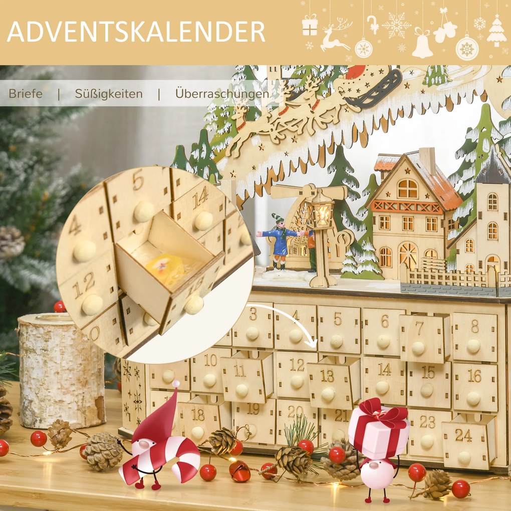 HOMCOM Adventní kalendář Vánoční dekorace, 24 zásuvek, LED světla, 39 cm x 9 cm x 42 cm, bílá + zelená 830-417