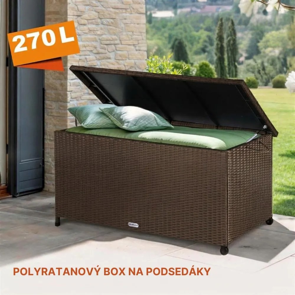 Polyratanový úložný box RICCO, 270L, 117x53x60cm, tmavě hnědá Casaria