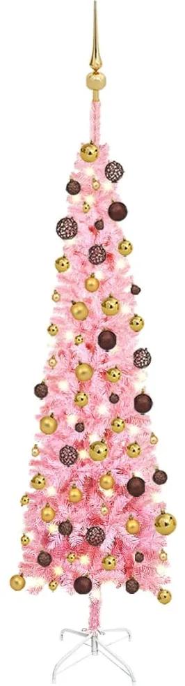 3078025 vidaXL Úzký vánoční stromek s LED diodami a sadou koulí růžový 150 cm