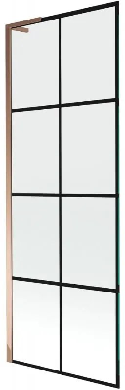 Mexen Next L, 1-křídlová vanová zástěna 70 x 150 cm, 6mm čiré sklo-černý vzor, růžové zlato profil, 895-070-000-03-77-60