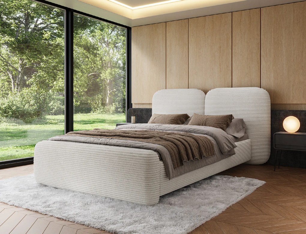 Postel Ollival 160x200 s kovovým roštem a úložným prostorem, bílý velur