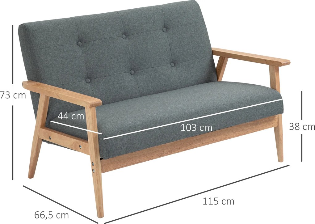 HOMCOM Dvoumístná pohovka Loveseat 2-místná s čalouněním kompaktní design v kombinaci lnu a kaučukovníku šedá 115x66,5x73cm do obývacího pokoje | Aos…