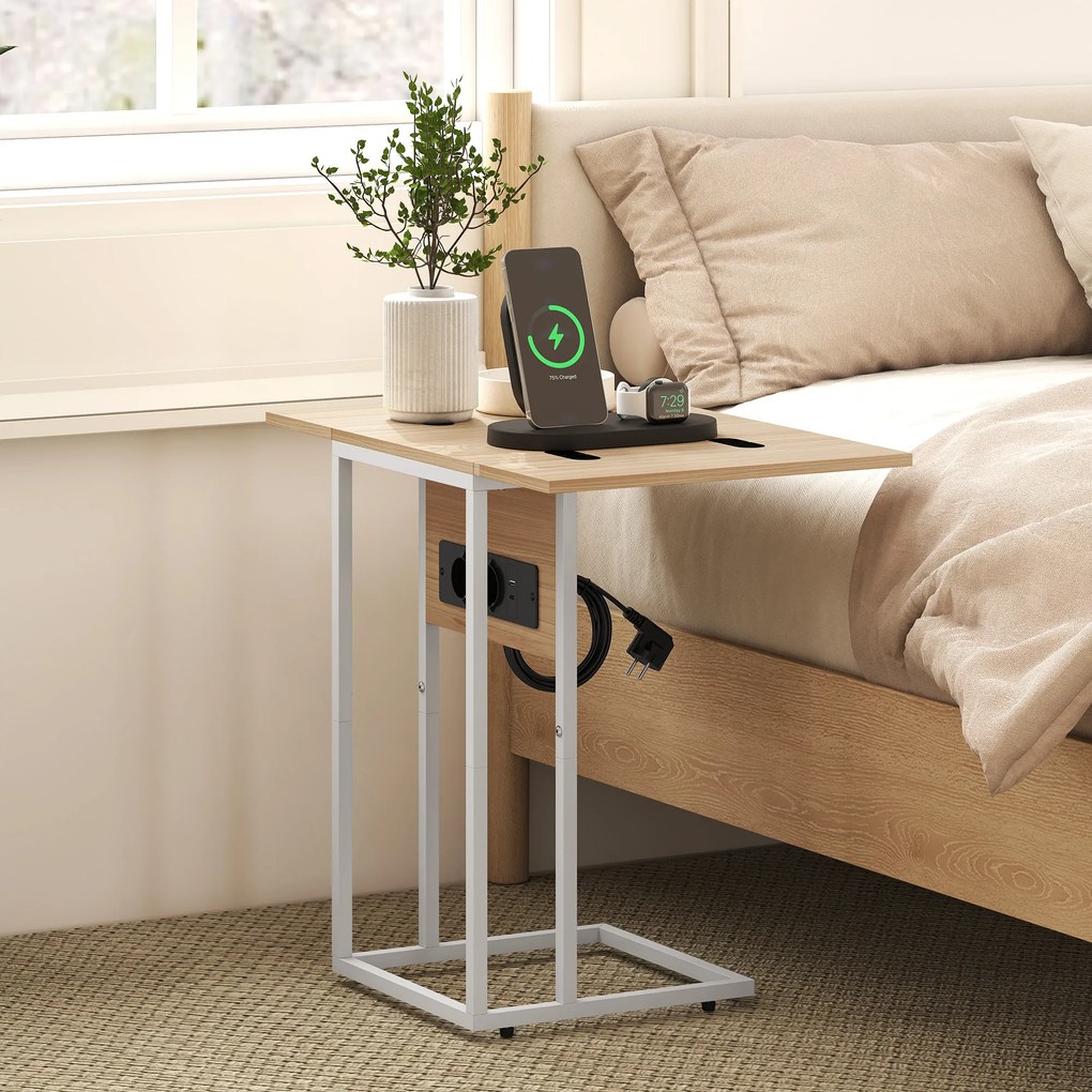 HOMCOM Skládací příruční stolek, nabíjecí stanice s USB porty, kov, 39 x 29 x 57 cm, barva dřeva